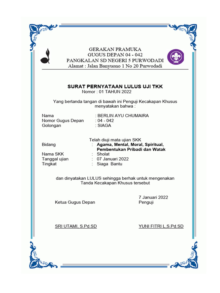 Surat Pernyataan Lulus TKK-BERLIN | PDF