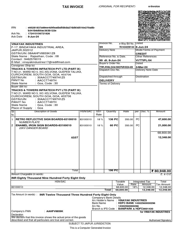 099 VINAYAK INVOICE 24-25 Tracks GOA | PDF | Trade | Public Finance