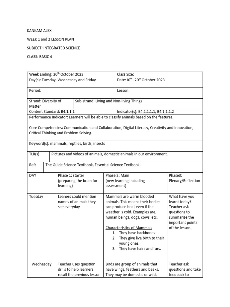 B4 Lesson Notes Pdf Birds Learning