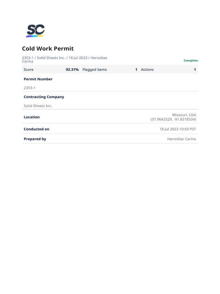 Cold Work Permit Example - Solid Sheets Inc. | PDF | Personal ...