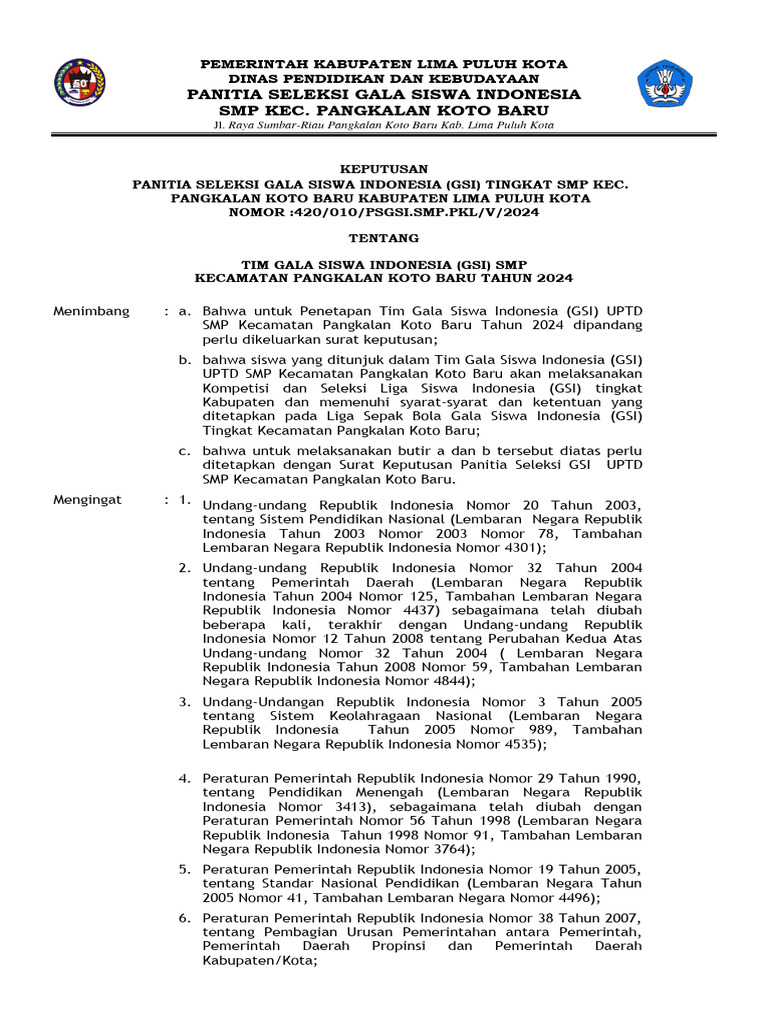 SK Tim Gsi SMP Kec Pangkalan Koto Baru TH 2024 | PDF