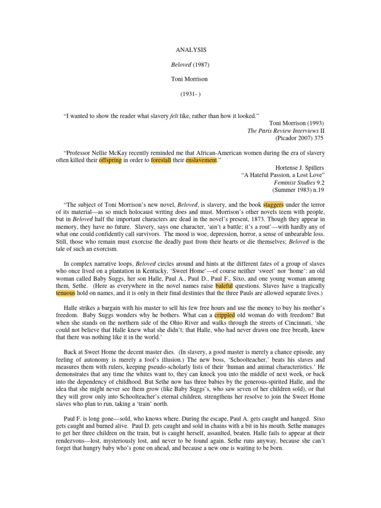 ANALYSIS Morrison, Toni Beloved (1987) Analysis by 23 Critics | PDF ...
