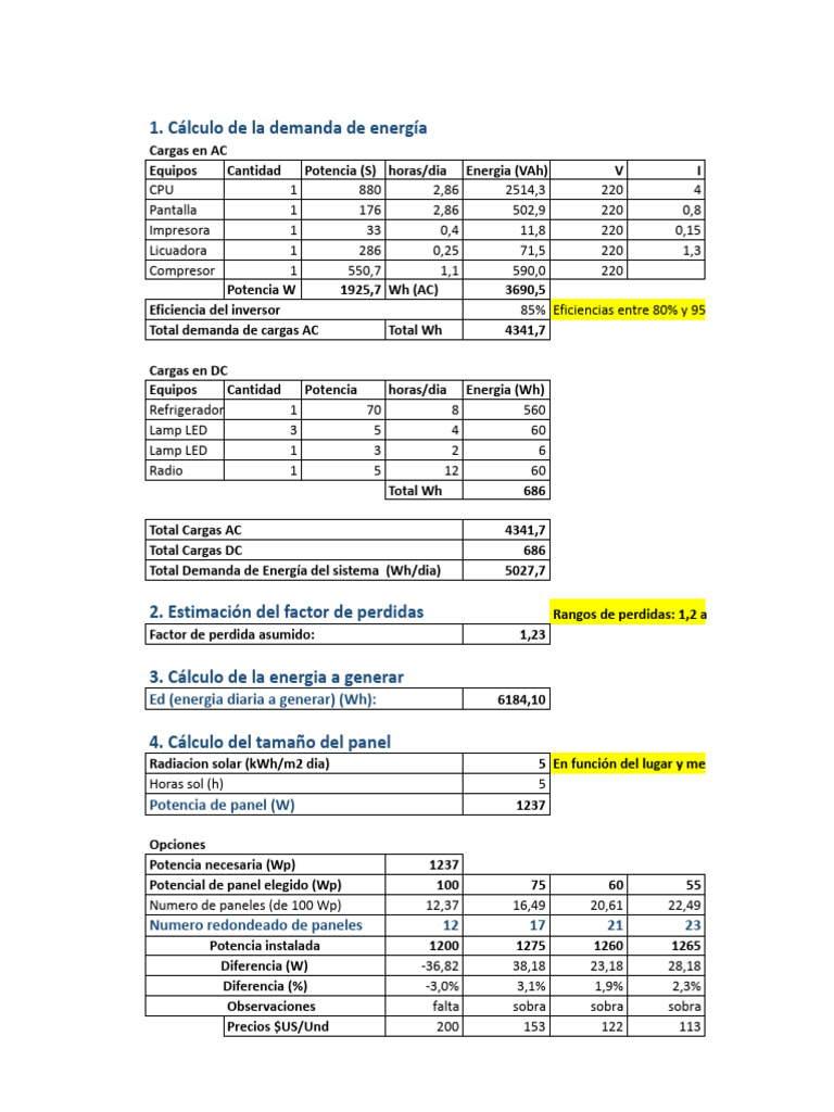 Planilla de calculo ejemplos - Ejemplo cargas AC y DC | Descargar gratis PDF | Almacen de ...