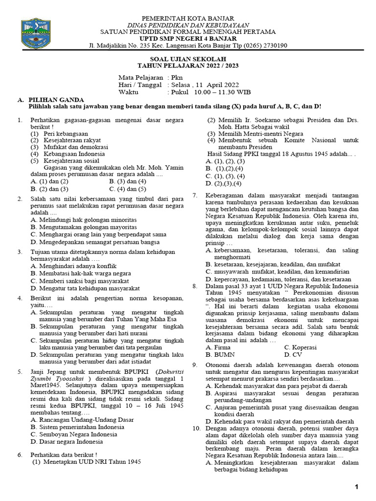 Soal US PPKN K13 2023 Fix | PDF