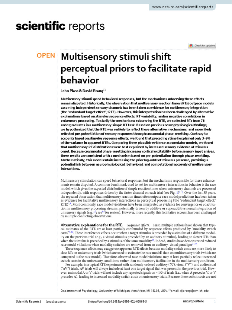 Multisensory Stimuli Enhance Reaction Times | PDF | Mental Chronometry | Perception