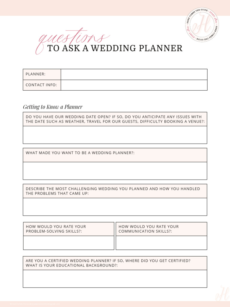 Questions To Ask A Wedding Planner Worksheet | PDF | Fee | Credit Card