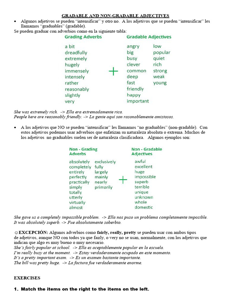 GRADABLE AND NON-GRADABLE ADJECTIVES-Teoría+ejercicios+key | PDF