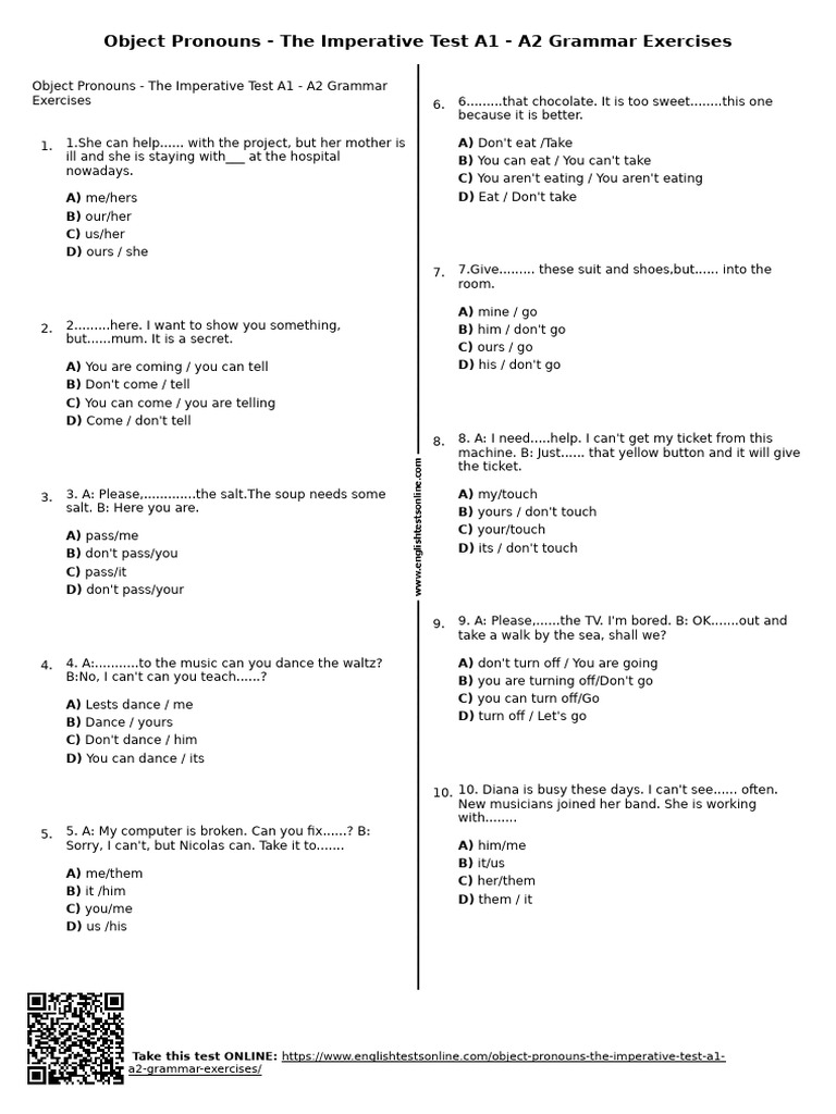 Object Pronouns The Imperative Test A1 A2 Grammar Exercises | PDF