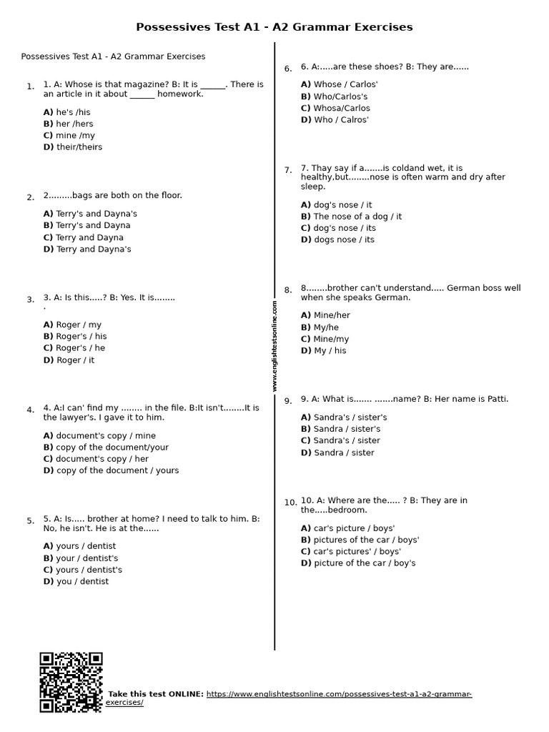 A1-A2 Possessives Grammar Test | PDF