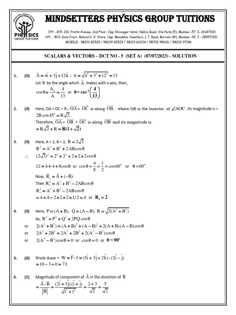 DCT - SCALARS & VECTORS - (SET A) - Solution | PDF | Geometry | Geometric Measurement