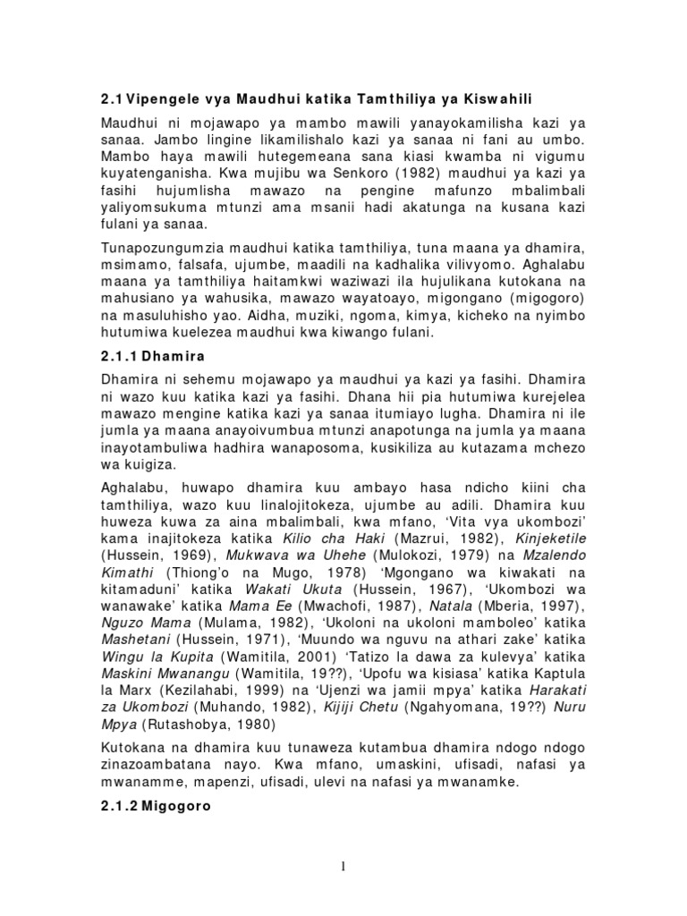 Vipengele Vya Maudhui Katika Tamthiliya Ya Kiswahili | PDF