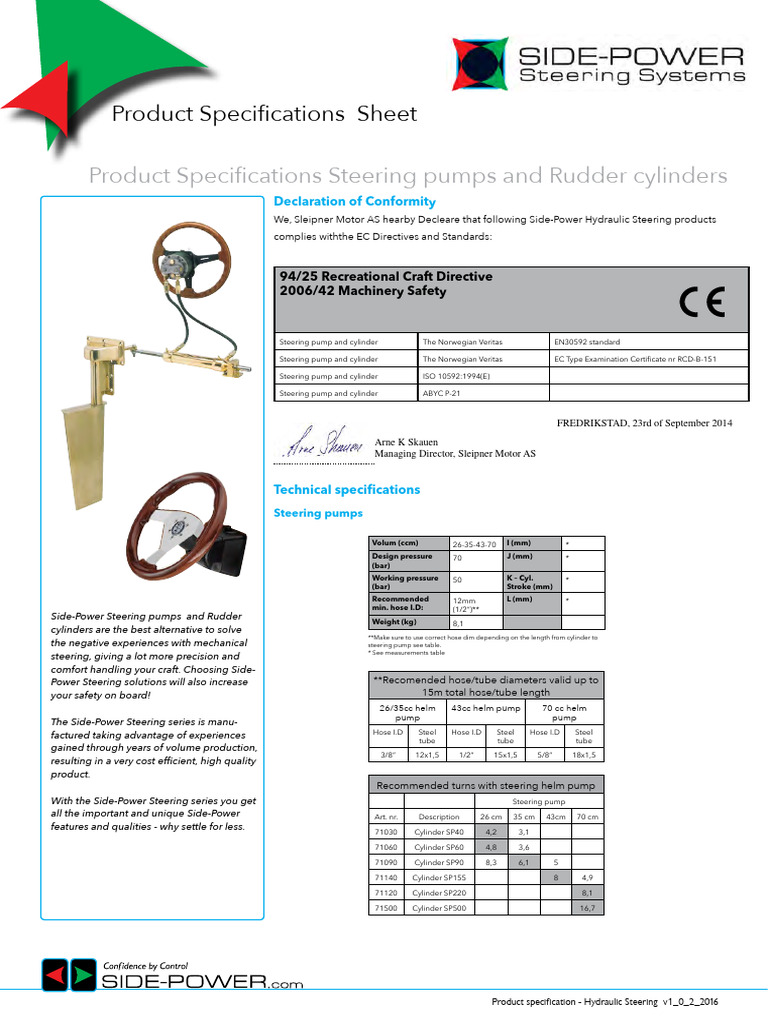 Sleipner Hydraulic Steering Specifications | PDF | Pump | Mechanical ...