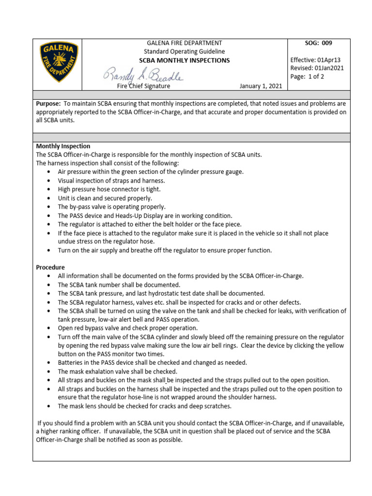 SOG 009 SCBA Monthly Inspections | PDF | Safety | Occupational Safety And Health