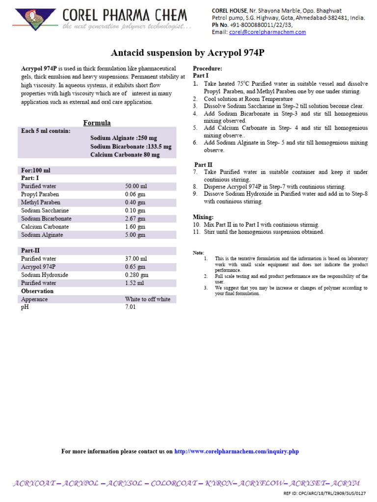 Antacid Suspension by Acrypol 974P | PDF | Purified Water | Sodium