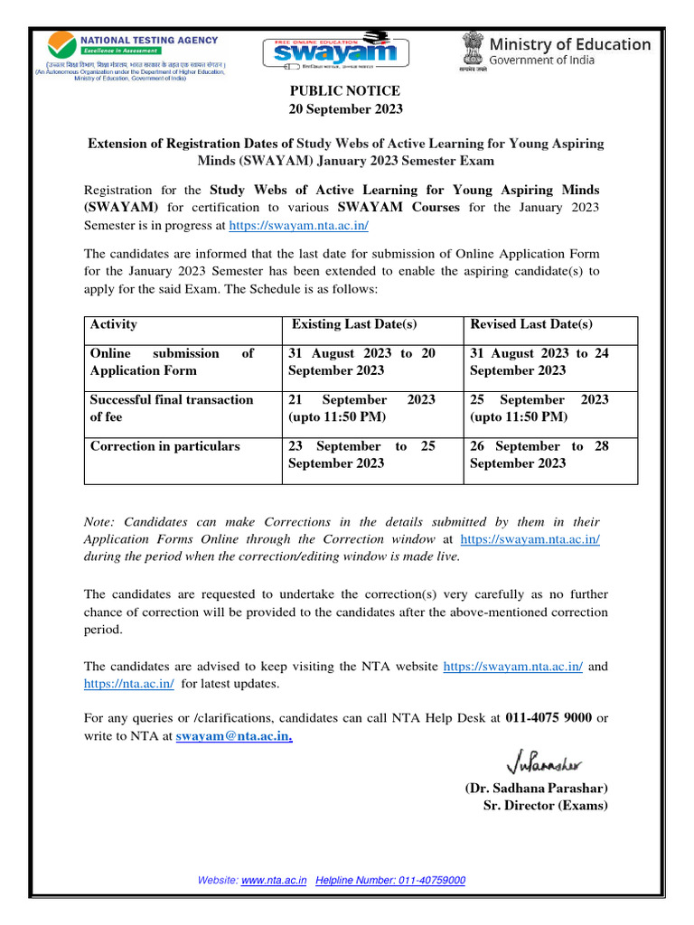 Extension of Registration Date For Swayam January Semester 2023 | PDF