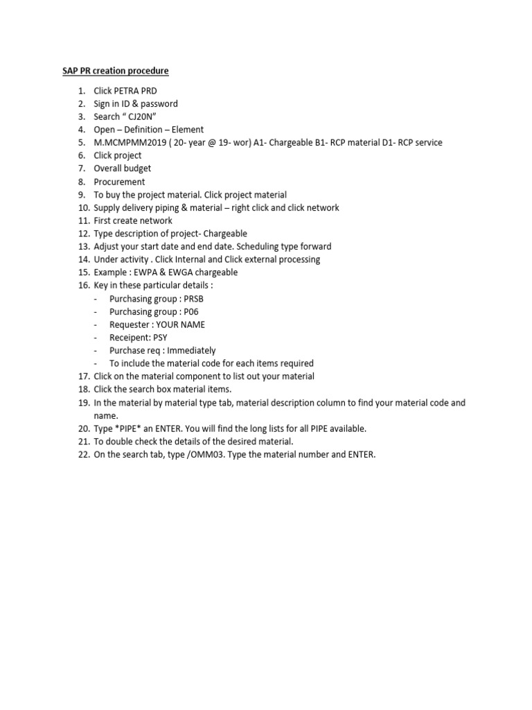 SAP PR Creation Procedure | PDF