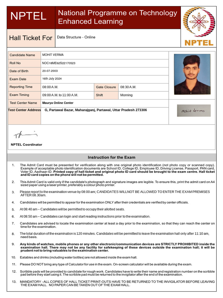 396309420-STOCT1810132110-Nptel-Hall-Ticket (1) | PDF | Identity Document