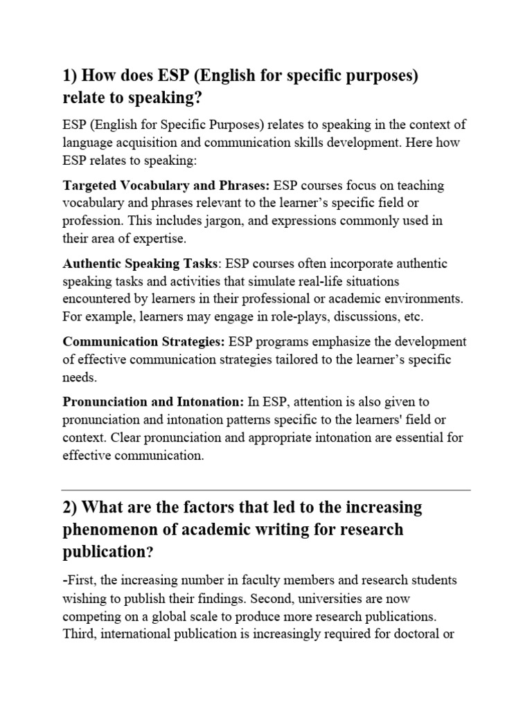 1) How Does ESP (English For Specific Purposes) Relate To Speaking ...