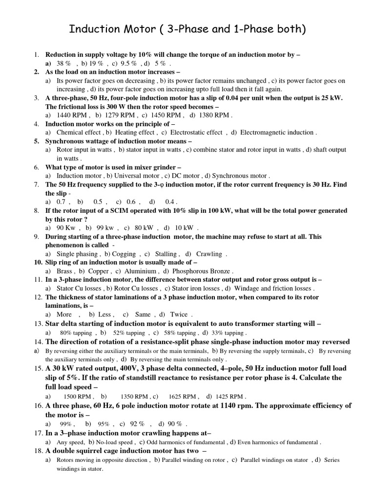 Induction Motor 20.07.2024 with answer key | PDF | Electric Motor ...