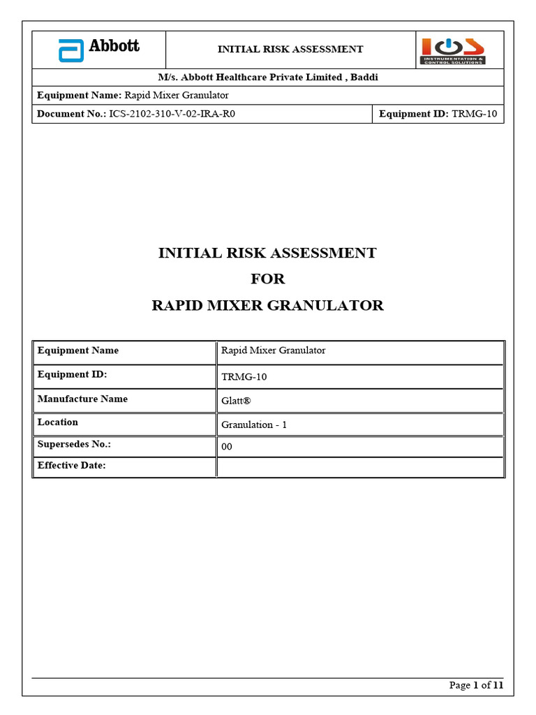 Initial Risk Assessment FOR Rapid Mixer Granulator | PDF