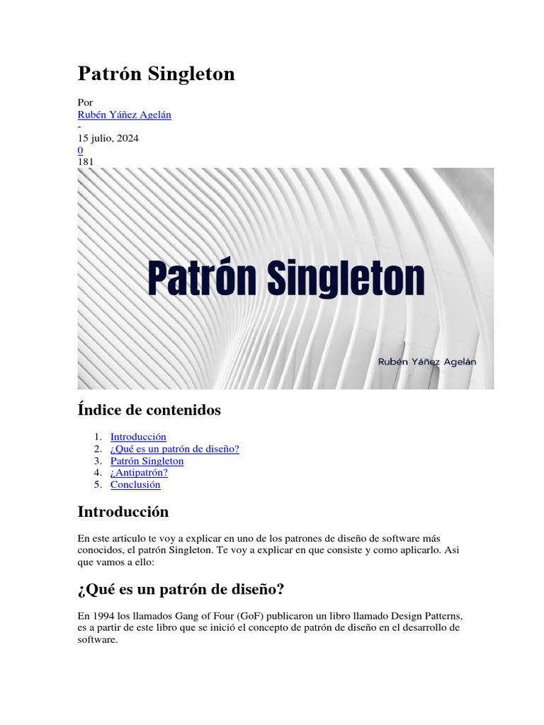 Patrón Singleton | PDF | Patrón de diseño de software | Ingeniería de ...