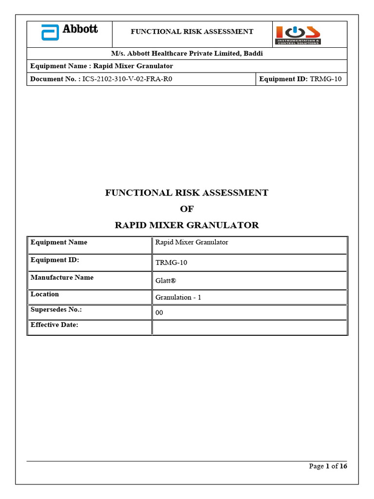 Functional Risk Assessment OF Rapid Mixer Granulator | PDF | Risk ...