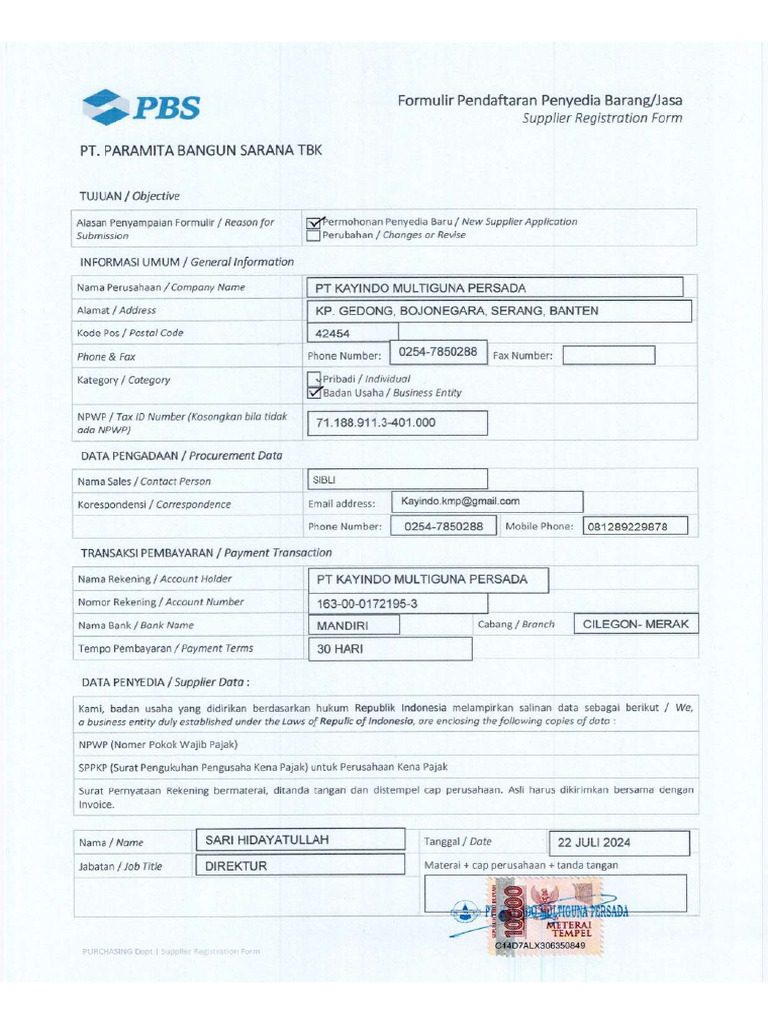 Formulir Pendaftaran Penyedia Barang-Jasa PT Paramitra Bangun Sarana ...