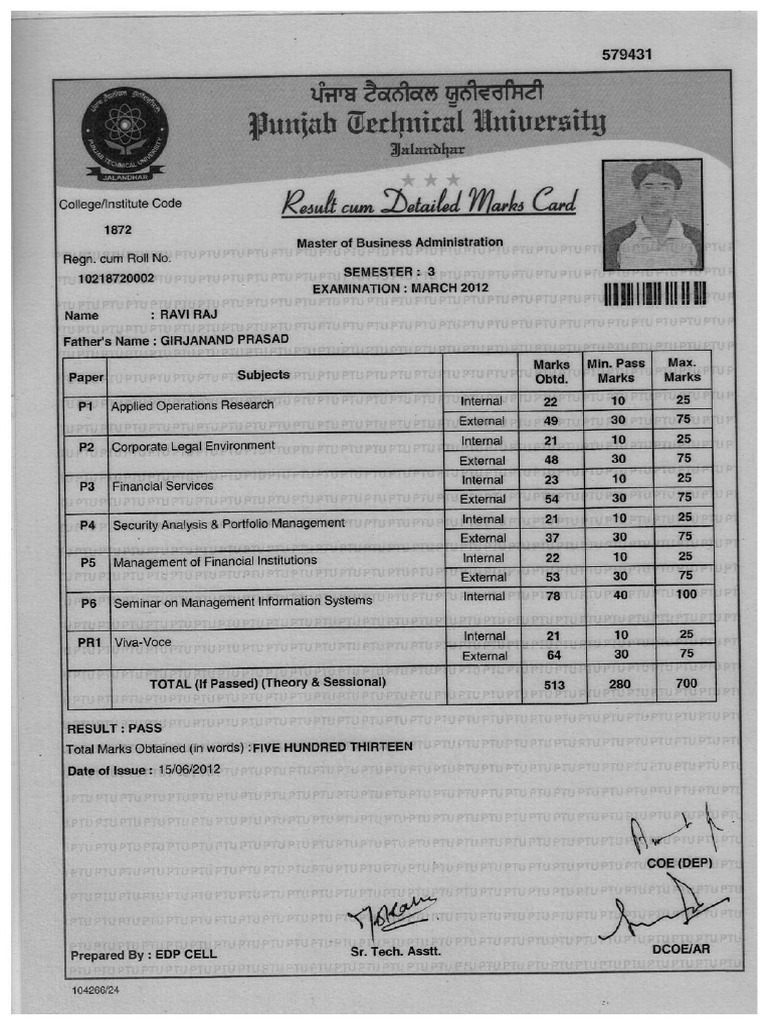 Mba 3rdsem Markscard | PDF