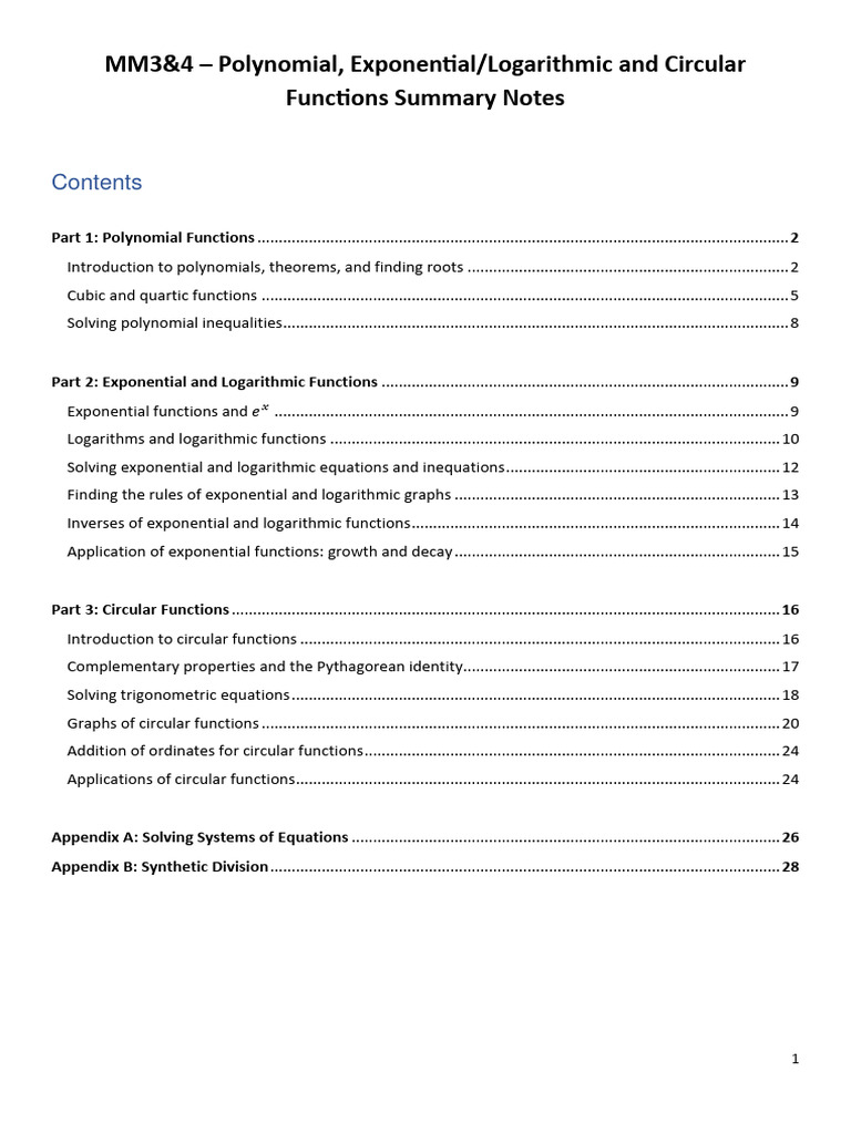 MM3&4 - Exponential, Logarithmic and Circular Functions Summary Notes ...