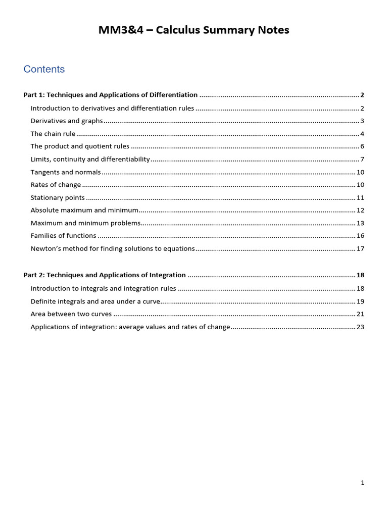 Mm3and4 Calculus Summary Notes Pdf Derivative Integral