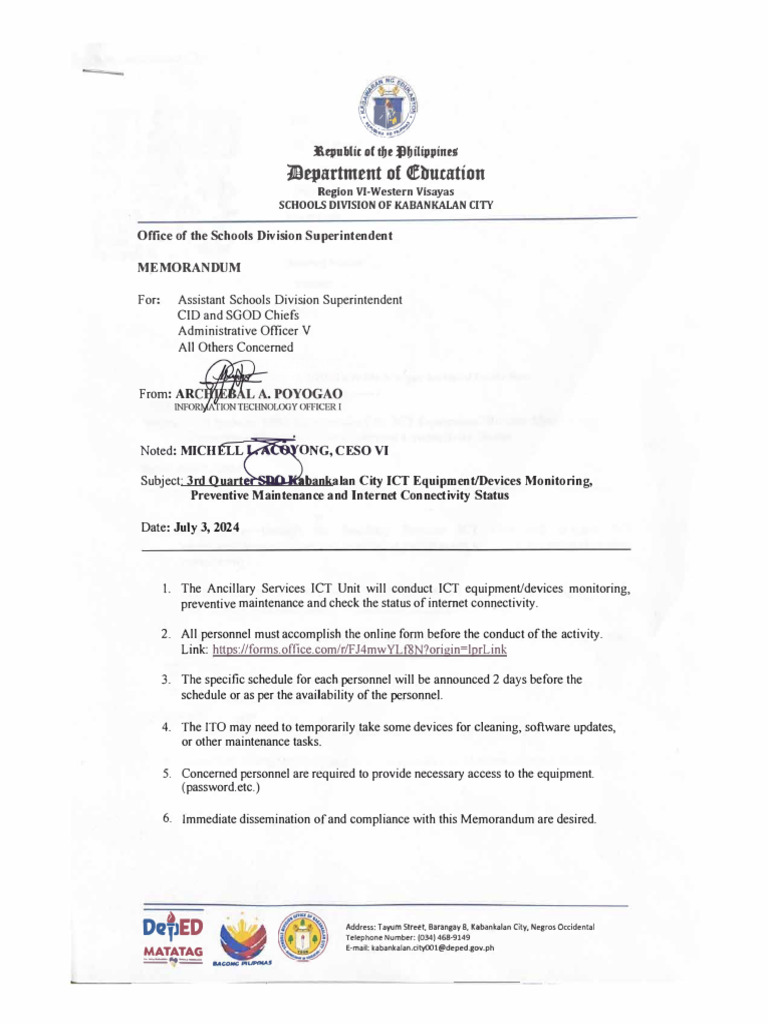 ICT Equipment Maintenance Memo Kabankalan | PDF | Science & Mathematics ...