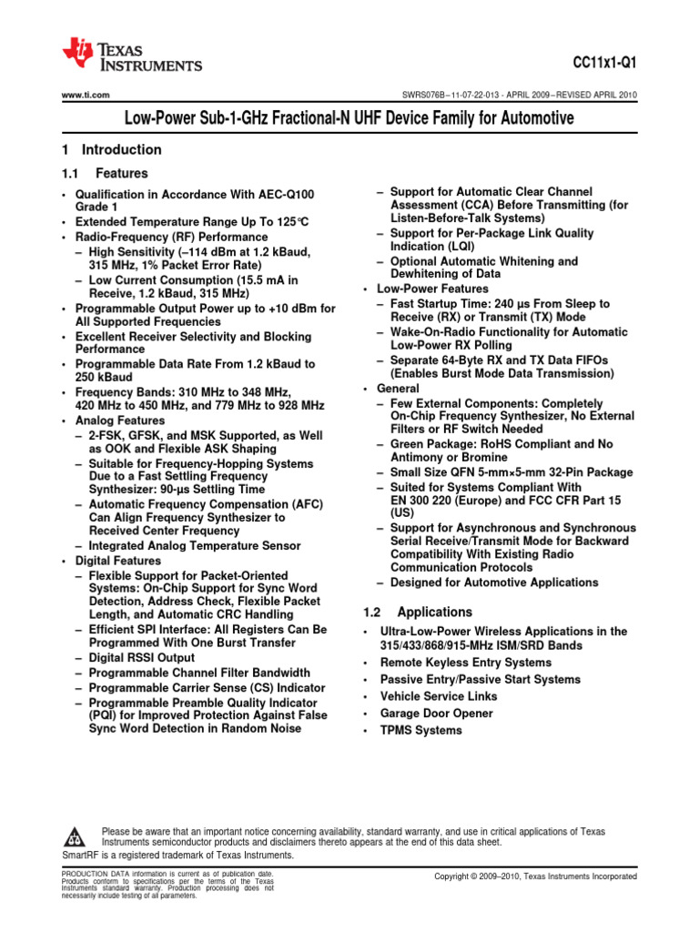 CC11x1-Q1 Low-Power Sub-1GHz UHF Device Family swrs076b | PDF ...