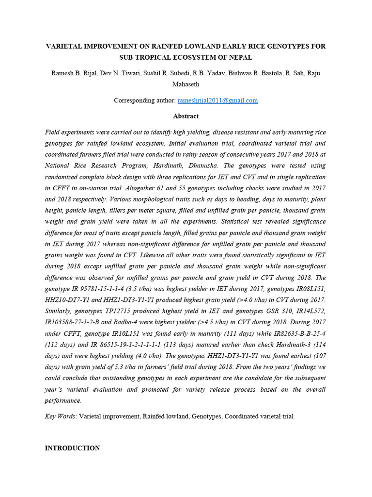 Varietal Improvement On Rainfed Lowland Early Rice Genotypes For Sub | PDF | Rice | Paddy Field