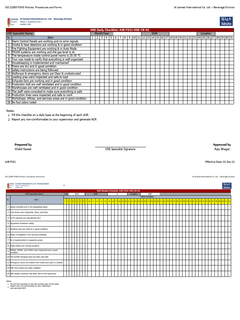 HSE Inspection Forms | PDF | Safety
