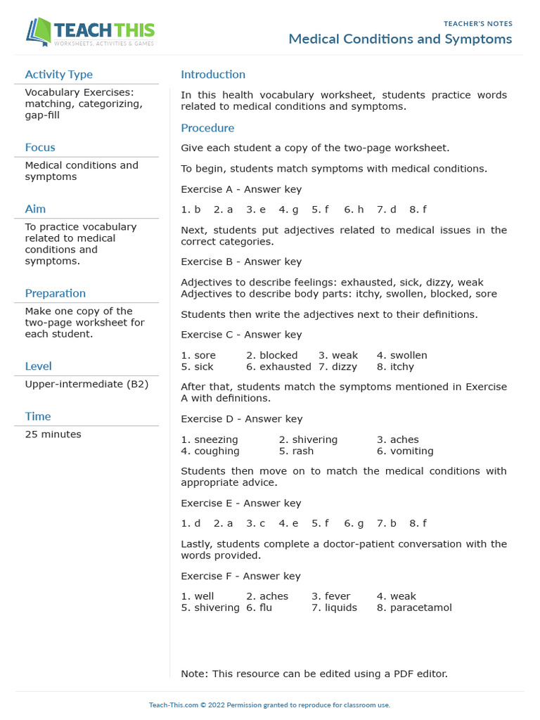 Medical Vocabulary Worksheet Answers | PDF | Diseases And Disorders ...