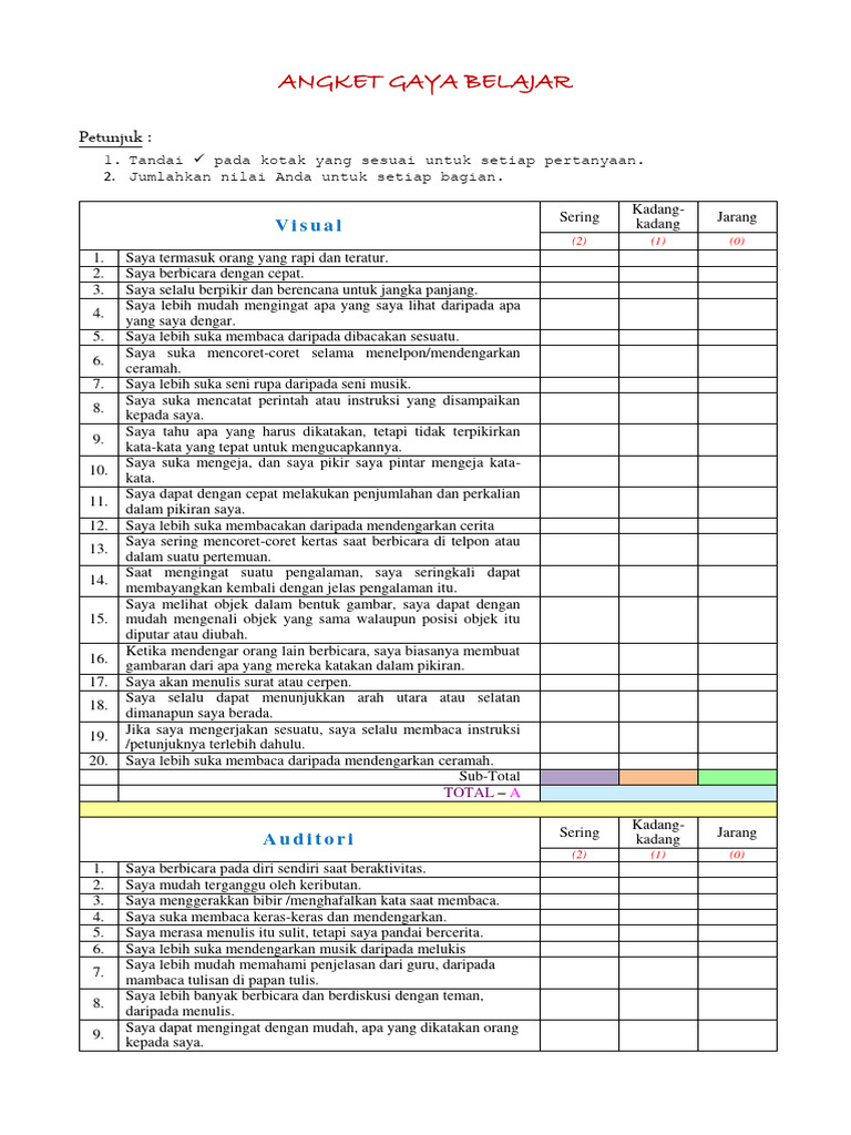 Angket Gaya Belajar | PDF
