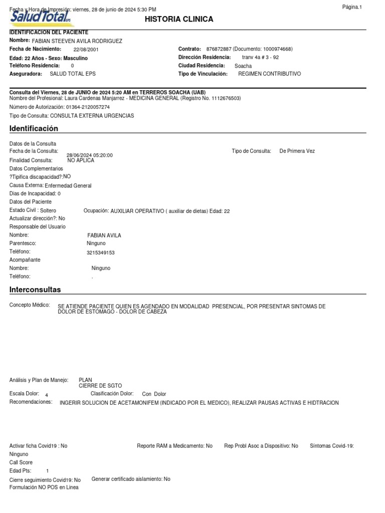 Certificado Medico Fabian Avila (1) | PDF | Medicina | Cuidado de la salud Certificado Medico Fabian Avila (1) | PDF | Medicina | Cuidado de la salud