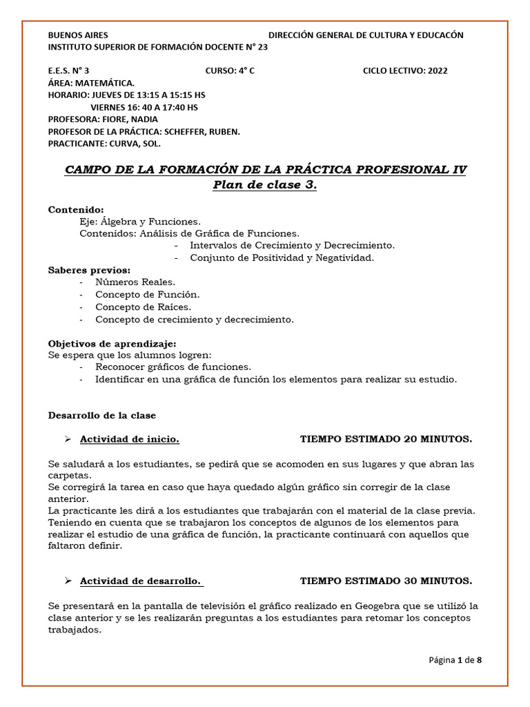 Plan de Clase 3. Curva Sol | Descargar gratis PDF | Función (Matemáticas) | Variable (Matemáticas)