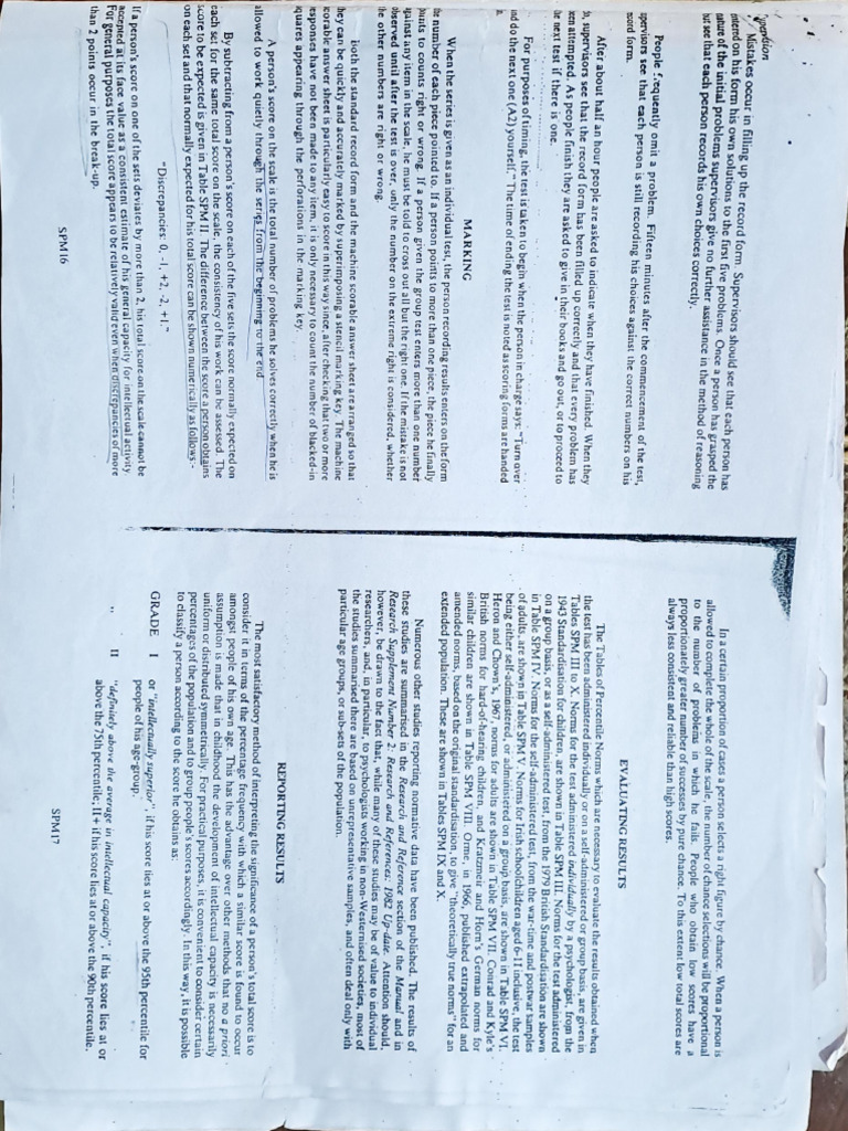 Scoring Key and Norms RPM | PDF