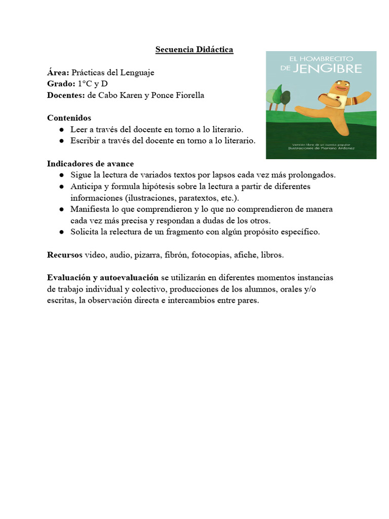 Secuencia Didáctica - El Hombrecito de Jengibre - 1° | PDF | Cuentos