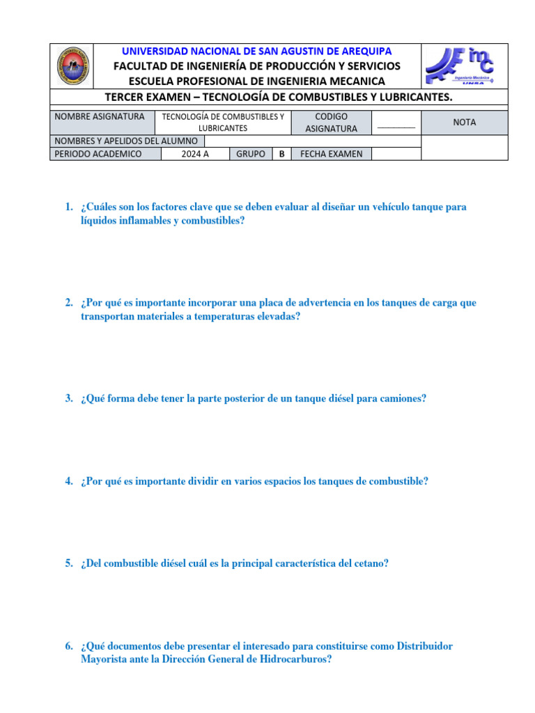 3er Examen - Tec. de Comb y Lubr | PDF | Gas natural licuado | Combustibles