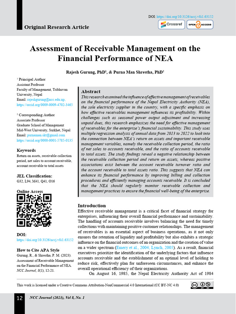 Assessment of Receivable Management On The Financial Performance of NEA ...