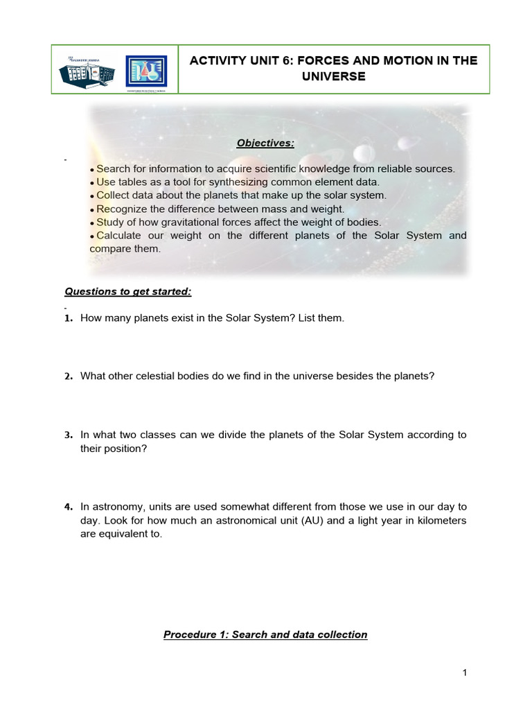 Activity Unit 6. Forces and Motion in The Universe | PDF | Planets ...