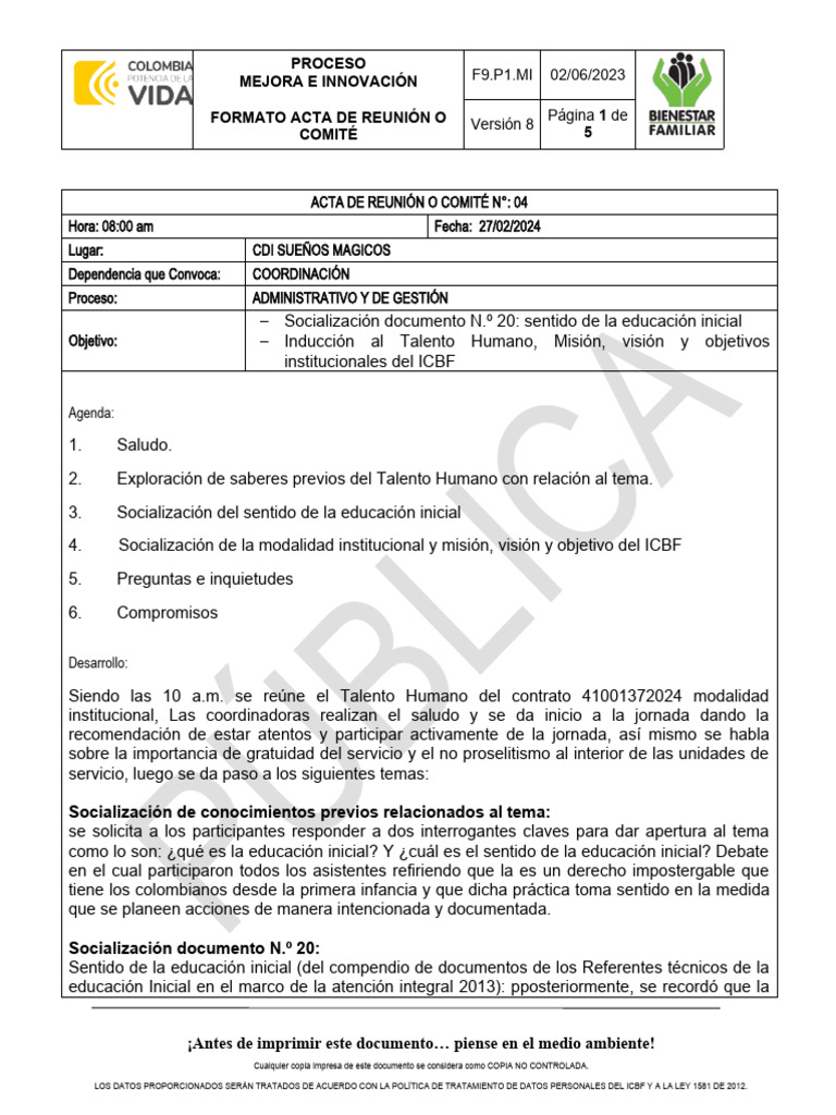 Acta - Induccion - Vision - Mision - Icbf - Sentido Educacion Inicial | PDF | Educación de la ...