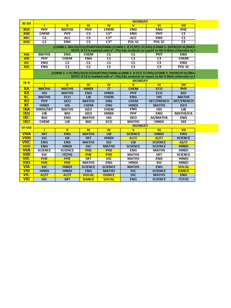 Class Time Table 2024-25 as on 1 July | PDF