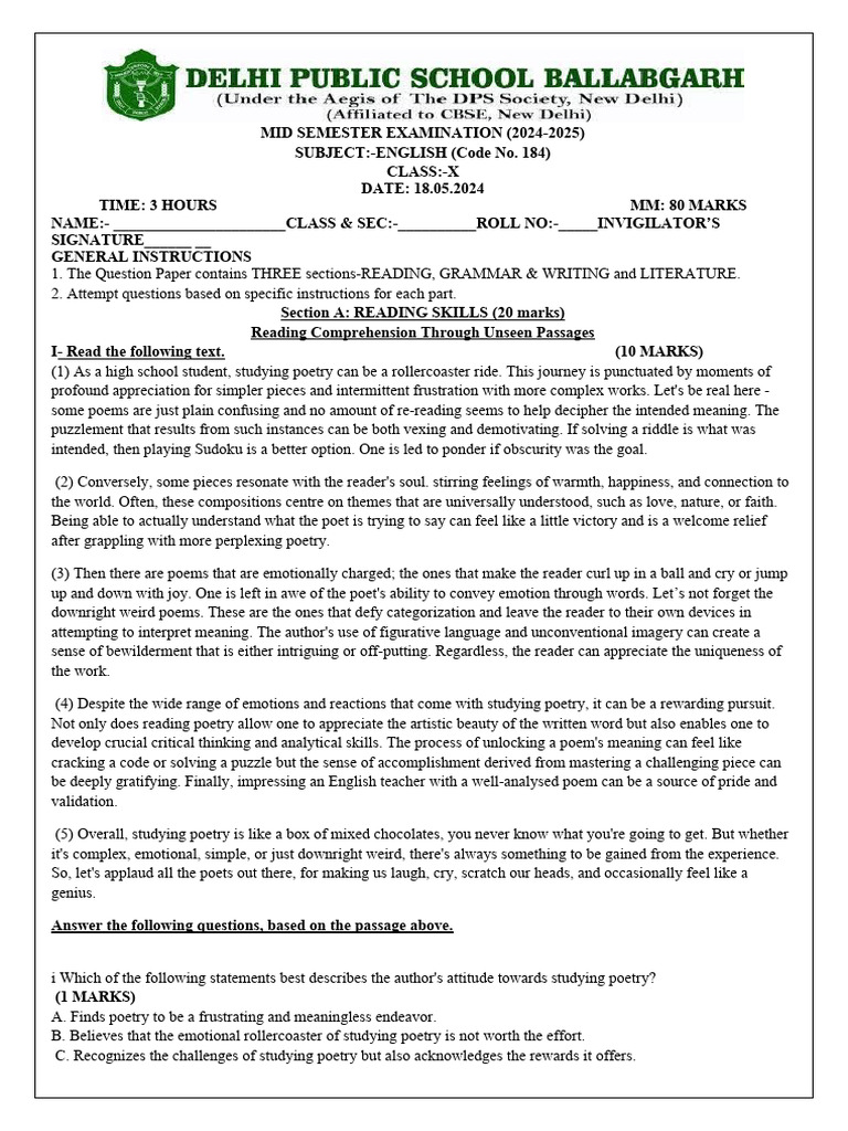 Class X English Midterm Exam 2024 | PDF | Poetry | Noise