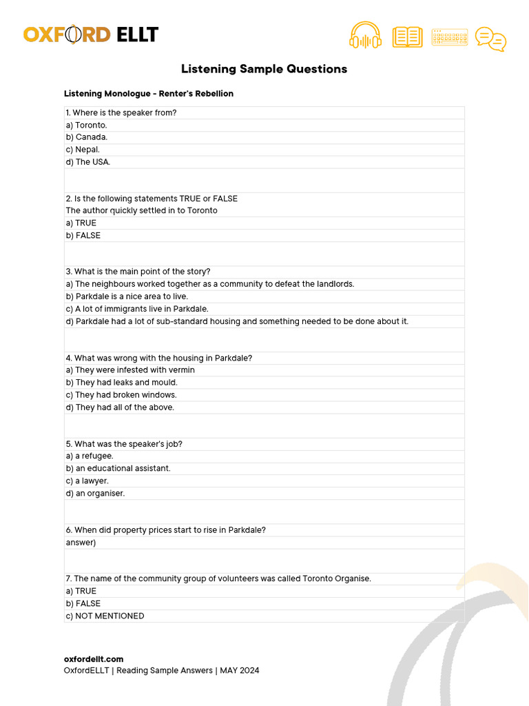 OxfordELLT Listening Sample 1 Questions May24 | PDF | Foreign Language ...