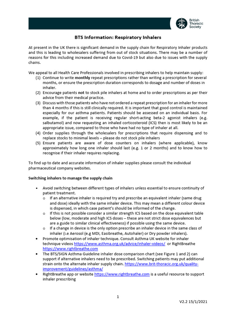 BTS Information Respiratory Inhalers | PDF | Medical Prescription | Asthma