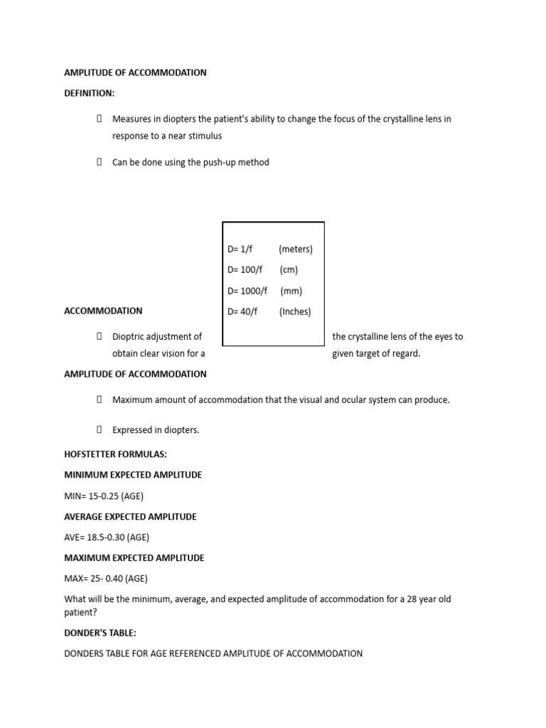 Amplitude of Accommodation Overview | PDF | Eye | Vision