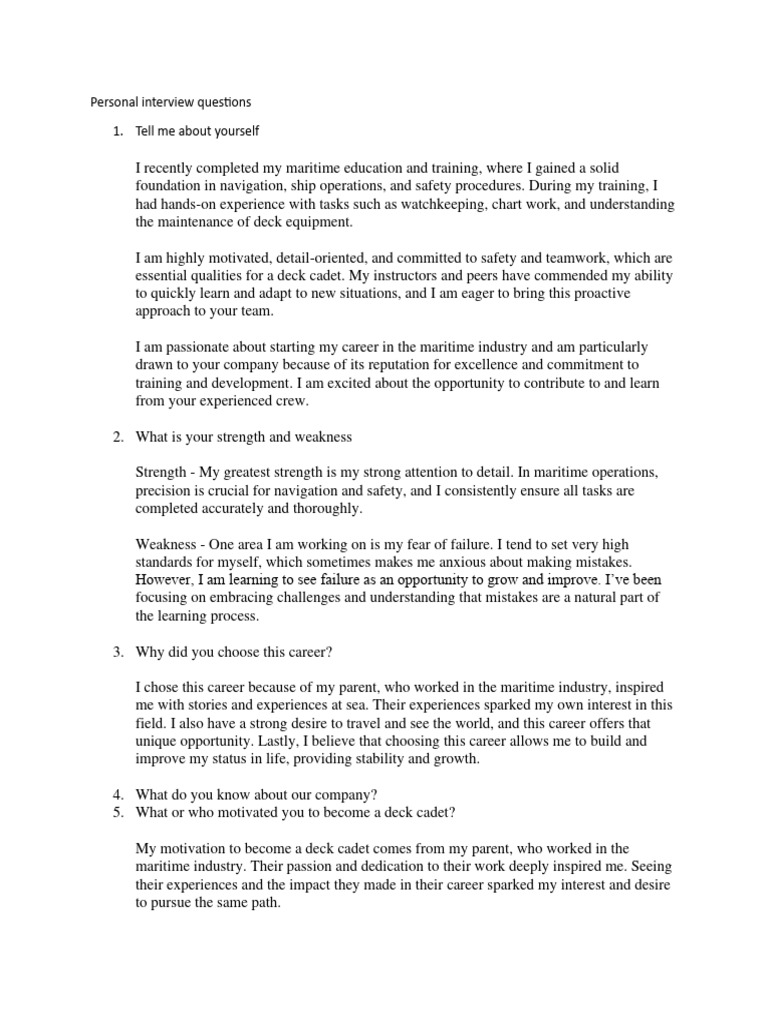 Essential Deck Cadet Interview Questions | PDF | Mental Health ...